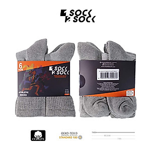1SOCK2SOCK 6 Pack Performance Cotton Cushion Crew Athletic Sport Socks Moisture Wicking Arch Support Band Grey