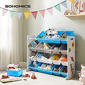 SONGMICS Kid's Large Toy Storage Unit with 16 Removable Bins, for Playroom, Children’s Room, 41.7", Space Theme