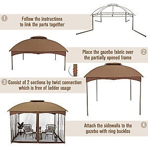 PHI VILLA 10x12 Gazebo Canopy for Patio, Double Vent Outdoor Canopy Gazebo with Netting, Screen Patio Gazebo Heavy Duty for Garden Deck Khaki