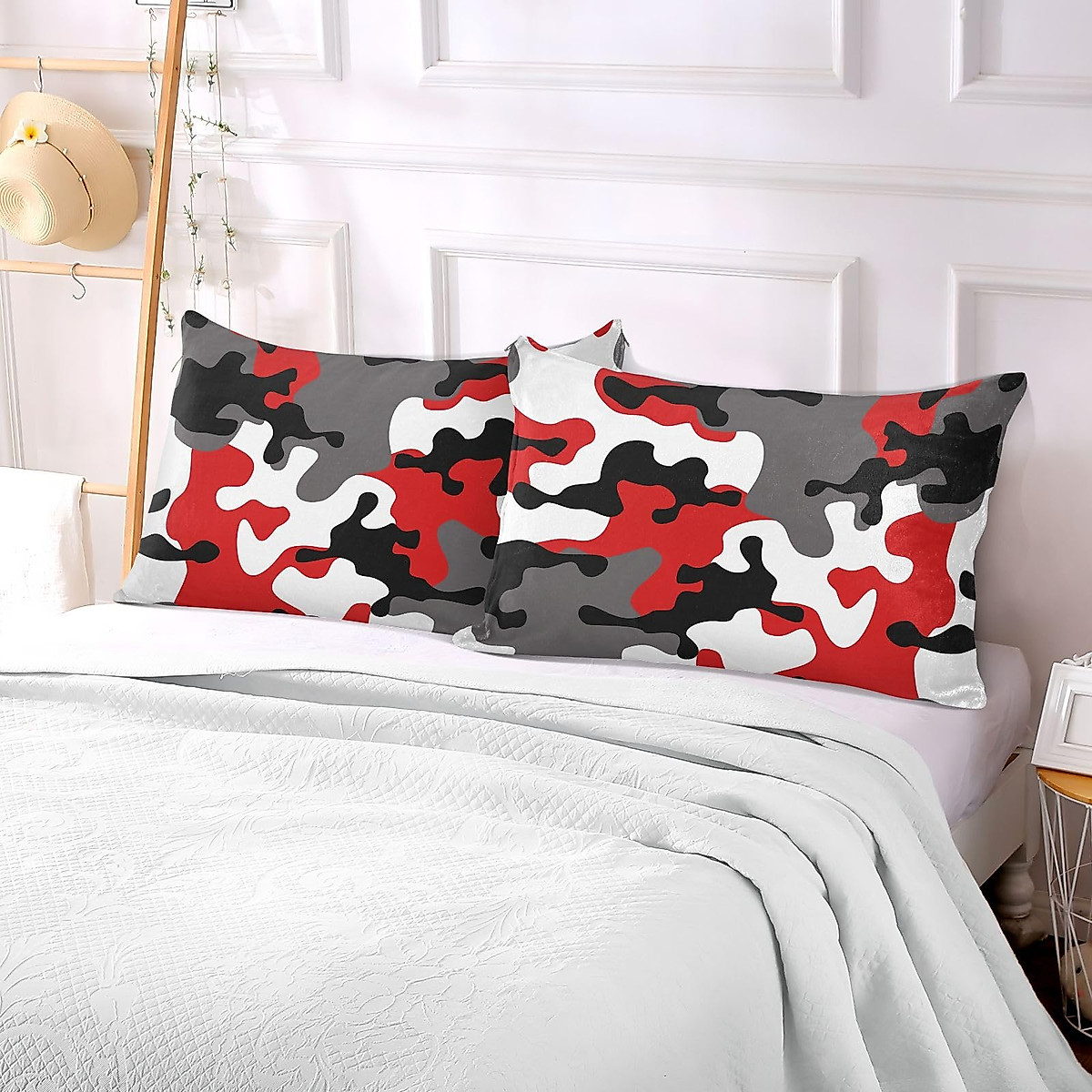 Red Grey Camouflage Pillowcase for Hair and Skin Body Pillow Cover Bed Pillow Cases Standard Size 20"X 26" Flannel Pillow Cases with Zipper for Sleeping