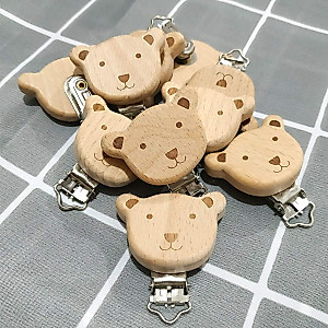 5pcs Natural Beech Wood Animal Pacifier Clips Grasping Toy Suspender Chain Clips Charm Antique DIY Beading Accessory (Bear)