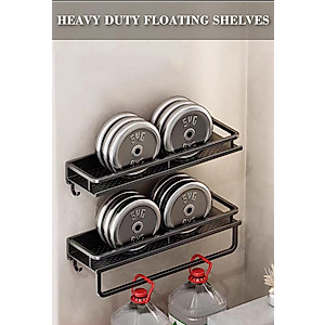 Z metnal Shower Shelves with Towel Bar & Hooks, Small Floating Wall Shelves for Kitchen, Adhesive Shower Caddy Organizer Basket, 16 inch, No Drilling or Wall Mounted, Black,2 pcs