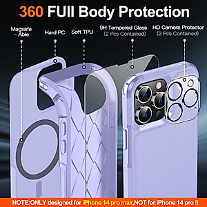MOZOTER Magnetic Case for iPhone 14 Pro Max Case,[12 FT Shockproof Compatible with Magsafe][2 Pcs Glass Screen Protector+2 Pcs Camera Lens Protector] [Heavy Duty] Phone Case Cover 6.7''-Light Purple