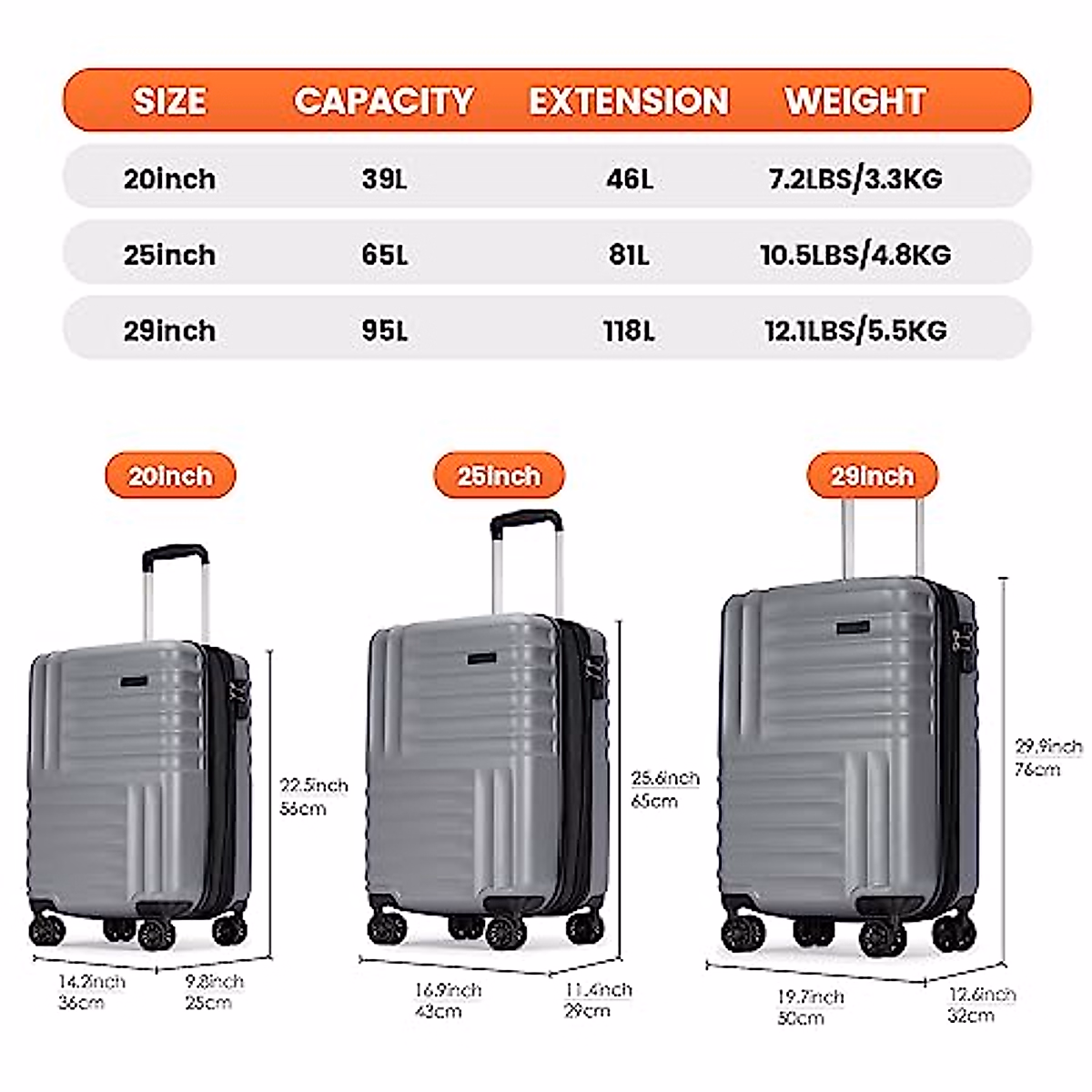 PRIMICIA GinzaTravel 3-Piece Luggage Sets Expandable Suitcases with 4 Wheels PC+ABS Durable Hardside Luggage sets TSA lock(Dark Gray, 3-Piece Set(20"/25"/29"))