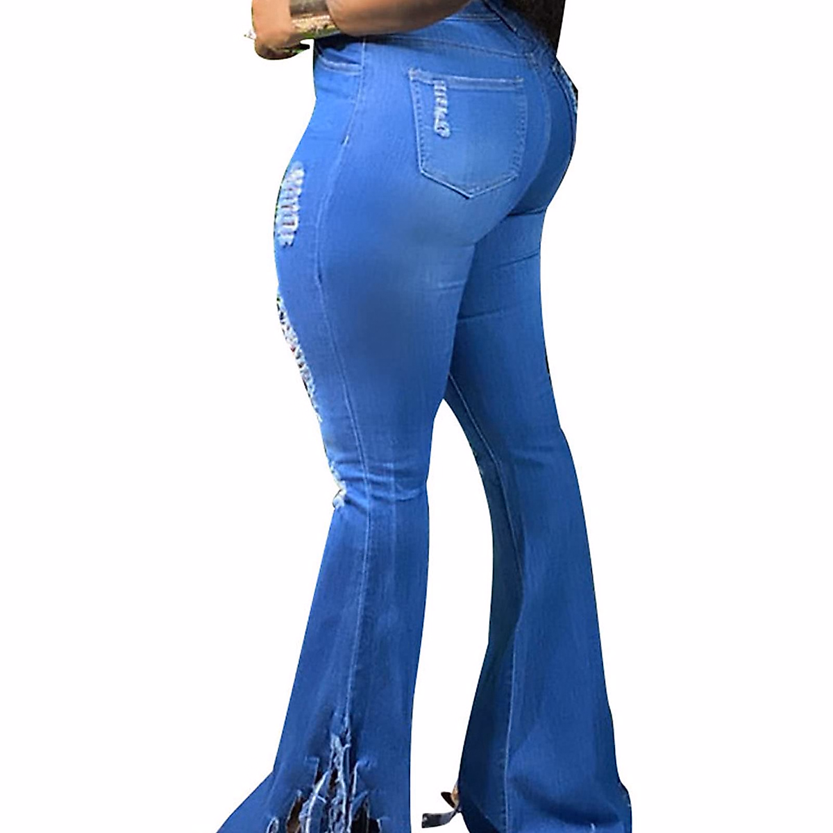 Skinny Ripped Bell Bottom Jeans for Women Classic High Waisted Destroyed Flare Jeans Distressed Raw Hem Denim Pants (Blue,3X-Large)