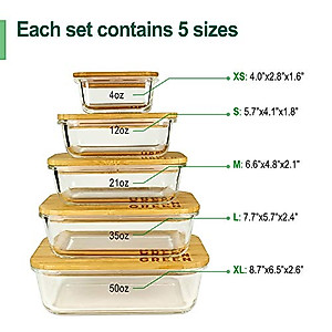 Urban Green Glass Containers with Bamboo Lids, Meal Prep Glass Containers, Glass Food storage Containers, 5 Pack, Pantry & Kitchen Glass Organizer, Lunch glass container, Microwave Oven Freezer Safe