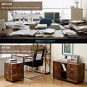 TUKAILAi Mobile File Cabinet with Lockable Drawer & Door, Under Desk Rolling Filing Cabinet with 4 Wheels, Wooden Stationery Storage Cabinet for Home Office (Rustic Brown)
