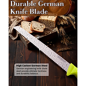 Cook N Home Bread Slicer Knife 10-Inch, Wavy Serrated High Carbon German Stainless Steel Sharp Kitchen Knife, Ergonomic Handle, Green