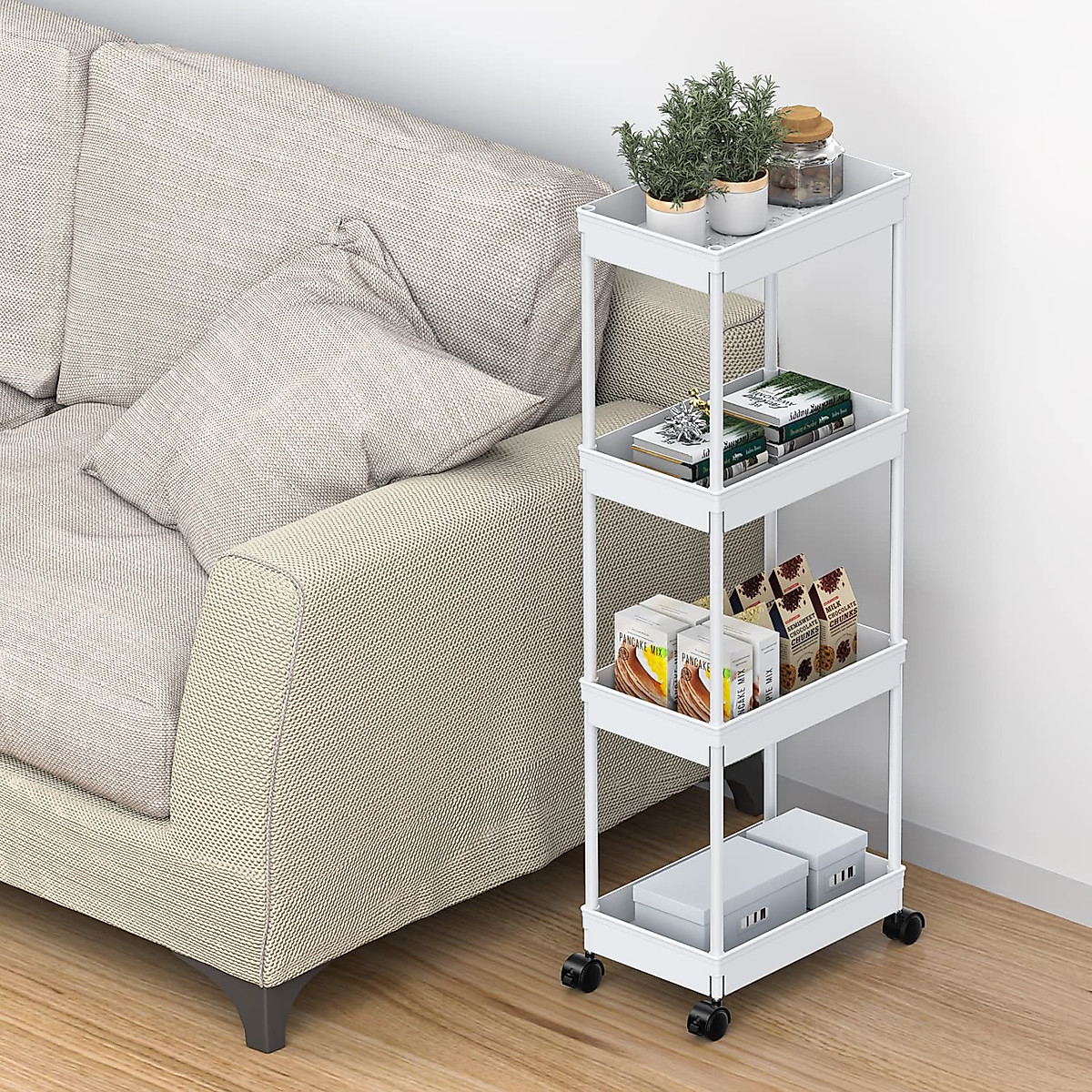 Sooyee 4-Tier Rolling Cart,Utility Carts with Wheels,Cute Room Decor,Organization and Storage for Office,Bedroom,Bathroom, Kitchen, Living Room, Laundry Room,Grey