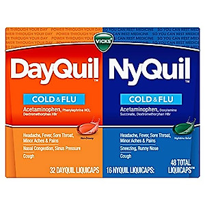 Vicks DayQuil and NyQuil Combo Pack, Cold & Flu Medicine, Powerful Multi-Symptom Daytime and Nighttime Relief For Headache, Fever, Sore Throat, Cough, 48 Count, 32 DayQuil and 16 NyQuil Liquicaps