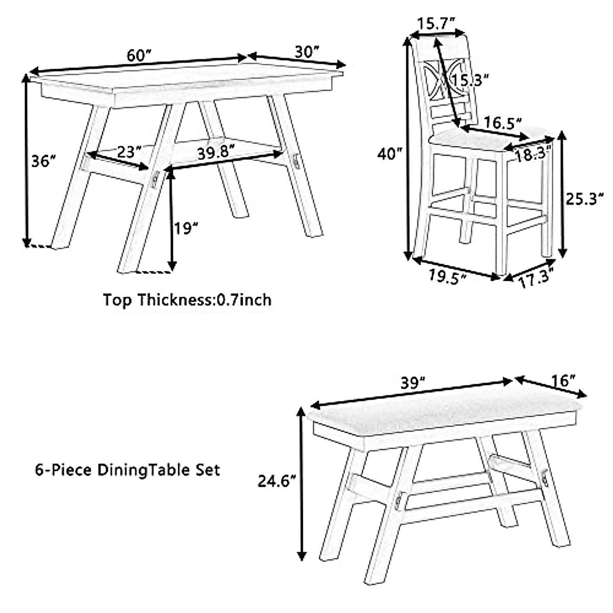 KLMM Modern Rustic 6 Piece Solid Wood Table Top Height Dining Set with Storage Shelf, Kitchen Table Set with Bench and 4 Chairs (Walnut#L-)