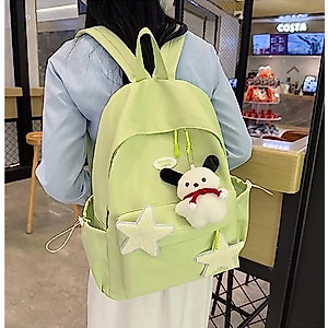 JHTPSLR Preppy Backpack Patches Stars Y2K Aesthetic Backpack with Plushies Cute Kawaii Backpack Supplies Book Bags Casual Daypack (Green)