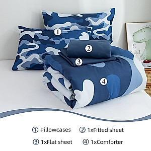 Holawakaka Twin Size Camouflage Bedding Comforter Set with Sheets, Boys Girls Men Camo Bed in A Bag 5 Pieces, Kids Teens Dorm Bed Sets Neutral Farmhouse Lodge Cabin Army Bedspread (Blue, Twin)