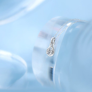 Sterling Silver Moissanite Pendant Necklace:1 Carat Round Cut Moissanite Solitaire Diamond Necklace with White Gold Plated Chain - Trendy Infinity Knot Gem Jewelry for Women