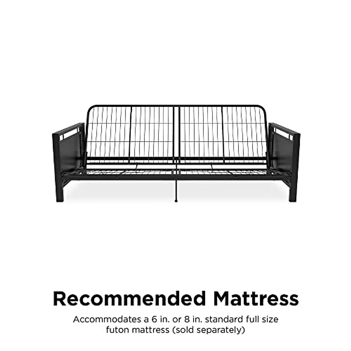 DHP Henley Metal Arm Futon Frame, Industrial Loft Design, Converts to Sleeper, Black Sturdy Metal
