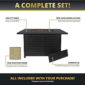Kinger Home Ore 42-Inch Outdoor Propane Fire Pit Table for Patio, 50,000 BTU CSA Certified Rectangle Firepit, Powder Coating Metal Frame, Black