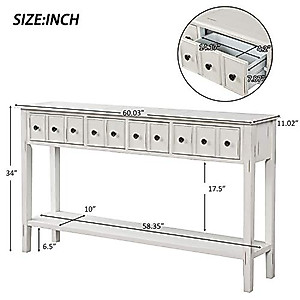 P PURLOVE Console Table Rustic Entryway Table 60" Long Sofa Table with 4 Drawers in Two Different Size and Bottom Shelf for Storage (Antique White)