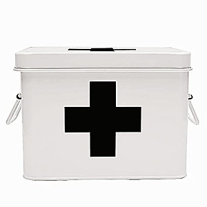 Lassos Boutique Retro Enameled First Aid Box for Medicine Storage and Home Decor with Lid and Removable Tray, White