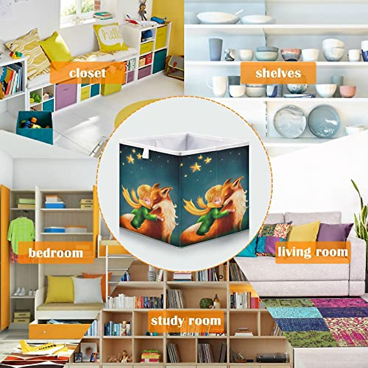 visesunny Closet Baskets Cute Boy and The Fox2 Storage Bins Fabric Baskets for Organizing Shelves Foldable Storage Cube Bins for Clothes, Toys, Baby Toiletry, Office Supply