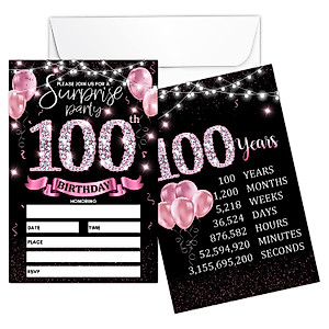 100th Birthday Party Invitation Card - Rose Gold Invites with Birthday Sign Printing On The Back Double-Sided Fill-in Invites - 20 Cards with Envelopes for Party Favors - srpink-A10