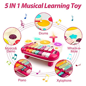 Popsunny Baby Musical Toys, 5 in 1 Toddler Drum Set Electronic Piano Keyboard Xylophone with Lights, Music Instruments Learning Toys Gifts for Boys Girls 1 2 3 Years Old