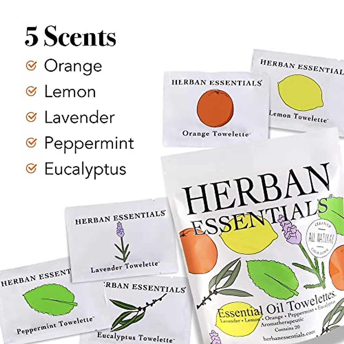 Herban Essentials Travel Body Wipes - Essential Oil Wipes for Hands, Travel Face Wipes - Natural Hand Wipes, Moist Towelettes Individually Wrapped Body Wipes for Adults - Asst. 20 Count