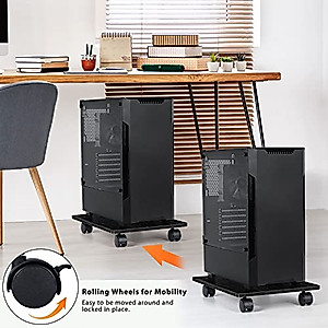 Computer Tower Stand, Set of 2 Pc Tower Stand, Floor Pc Stand for Under Desk, Wooden CPU Holder Stand Cart with Lockable Wheels, for Office, Home(Black)