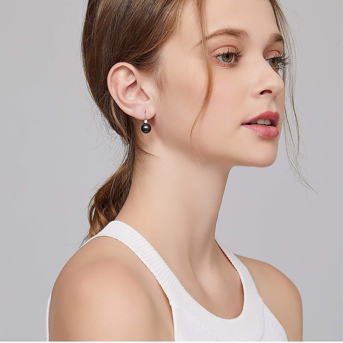 Black Pearl Earrings Pearl Dangle Earring Black Diamond Pearl Earring Cubic Zirconia Pearl Earring for Women Sterling Silver Pearl Leverback Earring Silver Pearl Drop Earrings 10mm Pearl Jewelry