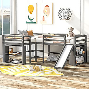 VilroCaz L-Shaped Twin Size Loft Bed with Widened Ladders and Slide, Solid Wood Loft Bed Frames with Safety Guardrail and Movable Bookshelfs for Kids, Teens, Girls & Boys (Gray)