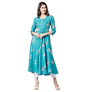 Tissu Women's Rayon Turquoise Floral Printed A-Line Kurta (1937_Blue_S)