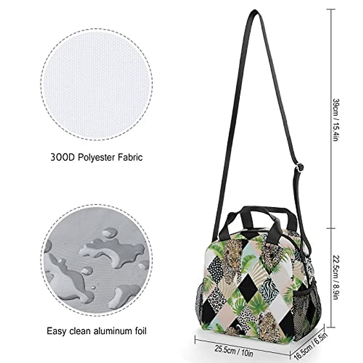 Tropical Palm Leaves and Exotic Leopard Printed Lunch Box Tote Bag with Handles and Shoulder Strap for Men Women Work Picnic