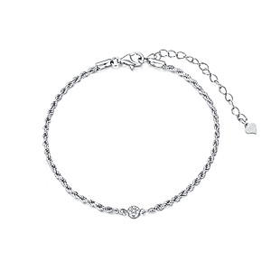 CTIEIP Sterling Silver 0.10 Cttw Real Diamond Bracelet,Rope Chain Station Bracelet for Women（I2-I3 Clarity）