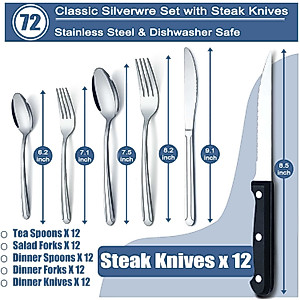 BEWOS 72 Pieces Silverware Set, Stainless Steel Cutlery Set for 12, Silverware Set With Steak Knives, Flatware Set Mirror Polished, Tableware Set for Home Kitchen Restaurant Hotel, Dishwasher Safe