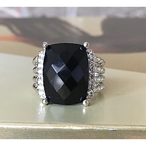 Designer Inspired Twisted Cable 16x12mm Black Onyx Checkerboard Cushion Ring Size 7, 9 (8)