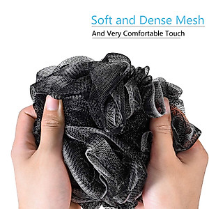 Yoget Charcoal Bath Loofah Sponge, 4 Pack Black 60G Large Shower Mesh Ball Soft Pouf Body Scrubber, Exfoliate, Cleanse, Soothe Skin, Black Loofah with White Trim