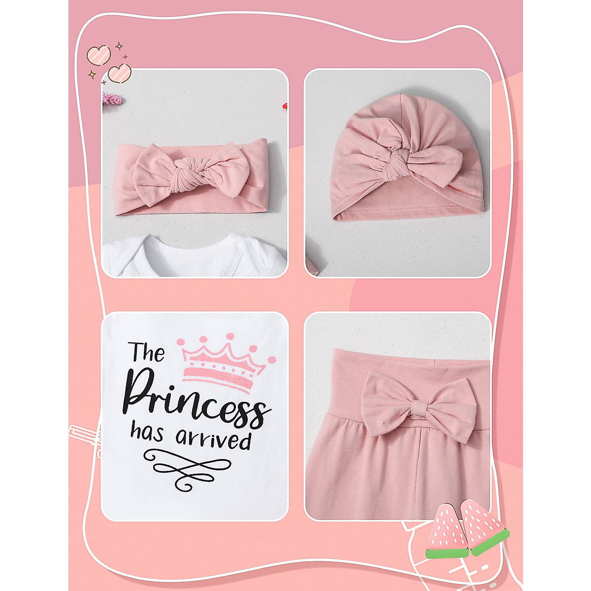 TyeSmo Newborn Girl Clothes the Princess Has Arrived White Long-sleeve Top + Pants + Headband + Hat Newborn Baby Girl Clothes