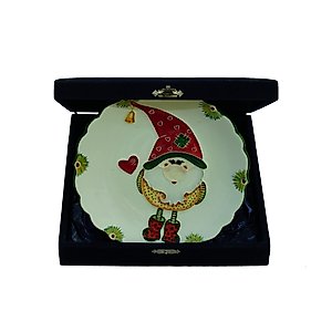 Anka Handcrafts - Christmas Home Decors - Santa's Dwarves - Handmade & Handpainted Ceramic Plates with Unique Embossed Surface – w Navy Int. Velvet Case – Christmas for Homes 760