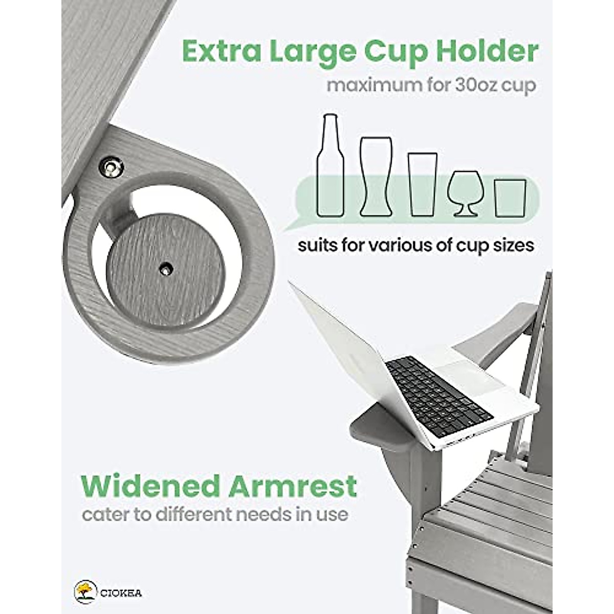 Ciokea Folding Adirondack Chair Wood Texture, Patio Adirondack Chair Weather Resistant, Plastic Fire Pit Chair with Cup Holder, Lawn Chair for Outdoor Porch Garden Backyard Deck (Grey)