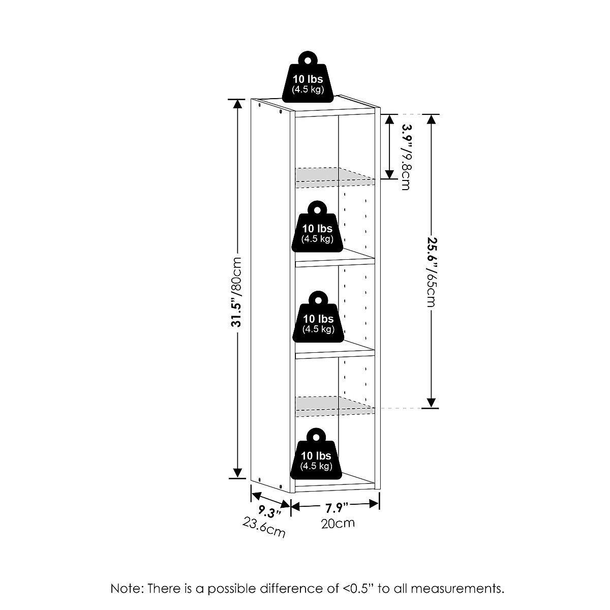 Furinno Fulda 3-Tier Space Saving Storage Shelf Bookcase, 8-Inch Width, White