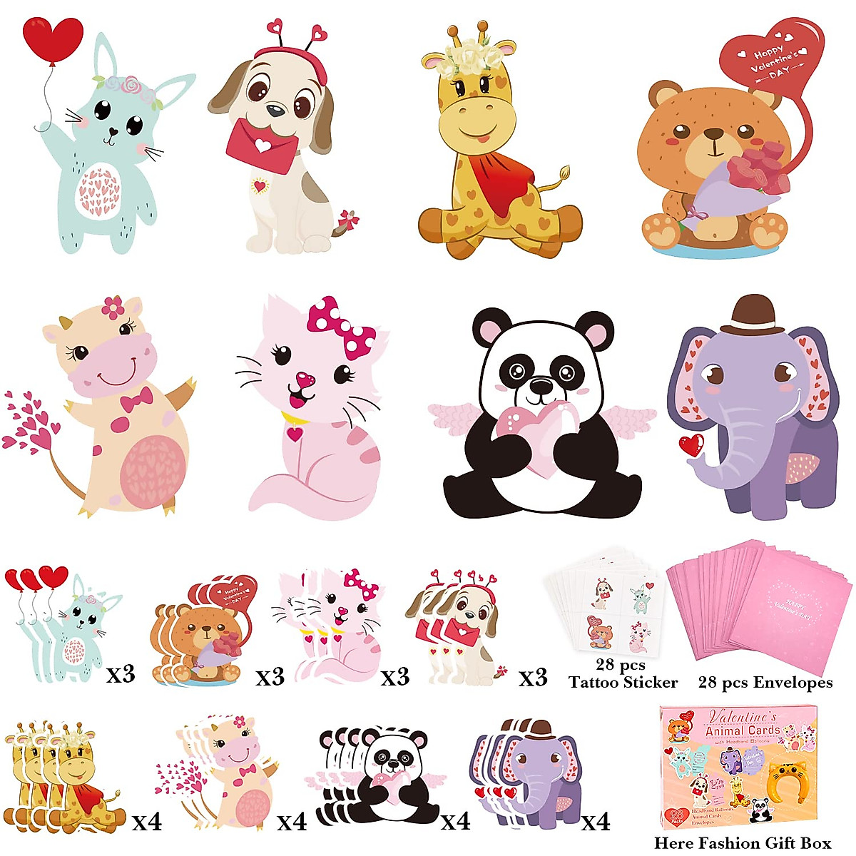 Valentines Day Cards For Kids - 28 Valentine Cards + 28 Inflatable Animal Headbands + 28 Gift Envelopes & Tattoos, Animal Greeting Cards Valentines Exchange Cards for Kids Boys Girls School Classroom