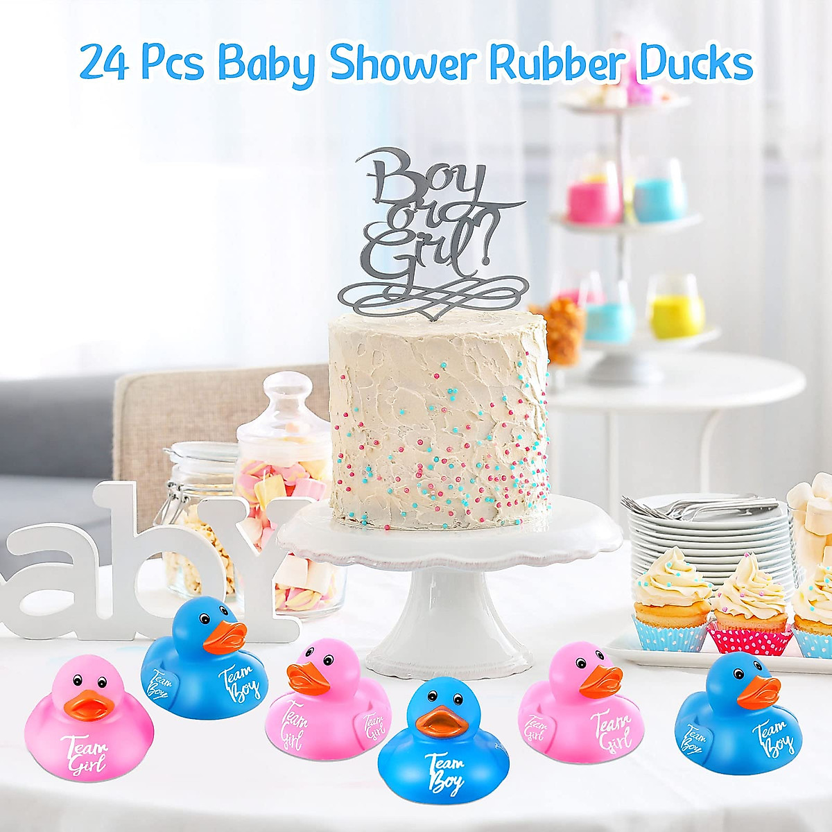 24 Pieces Pink Blue Gender Reveal Rubber Ducks in Bulk Mini Ducky Bath Toys Team Girl Team Boy Small Ducks for Baby Shower Gender Reveal Party Favor Decorations