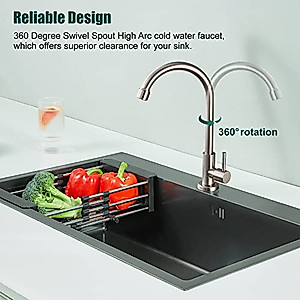Brushed Nickel Kitchen Faucet Cold Water Only 1 Hole Single Handle 360 Degree Swivel Spout Deck Mount High Arc SUS304 Sink Bar Tap Goose Neck with Hose and Longer Thread Pipe