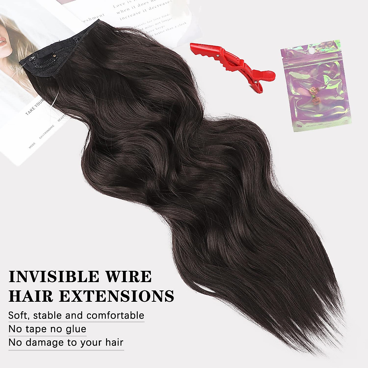 DeeThens Brown Hair Extensions Invisible Wire Hair Extension for Women Long Wavy Hair Extensions with Transparent Headband Adjustable Size Hair Extensions for Women 20 Inch