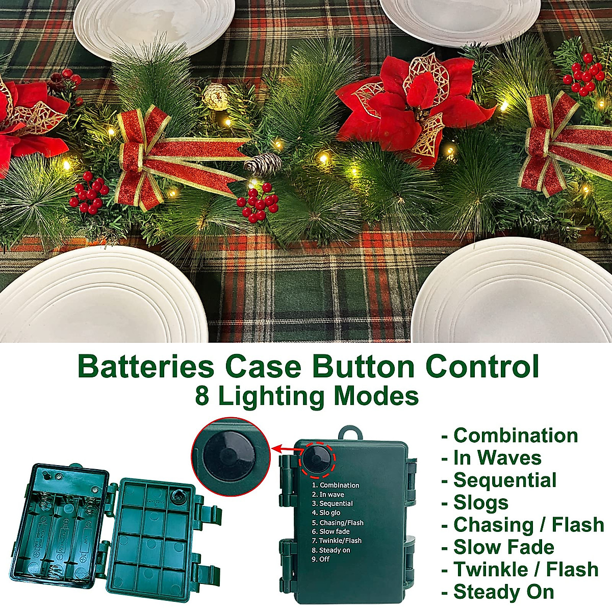 Timer & 8 Modes - 9 Ft Prelit Christmas Garland Decorations with 100 Lights 300 Branches 5 Poinsettias 4 Xmas Balls 18 Pinecones Needles 198 Berries Battery Operated Christmas Decoration Indoor Home