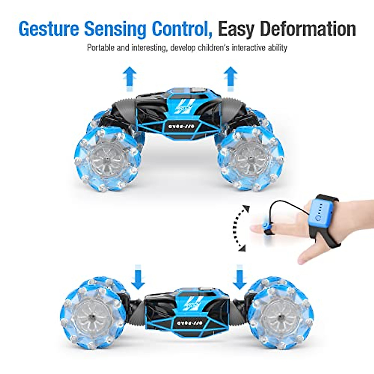 Powerextra RC Stunt Car Toys for 6-12 Year Old Kids - Big Size 4WD Remote Control Car - Gesture Sensor - Double Sided Rotating RC Car - Lights, Music - Perfect for Boys & Girls' Birthday