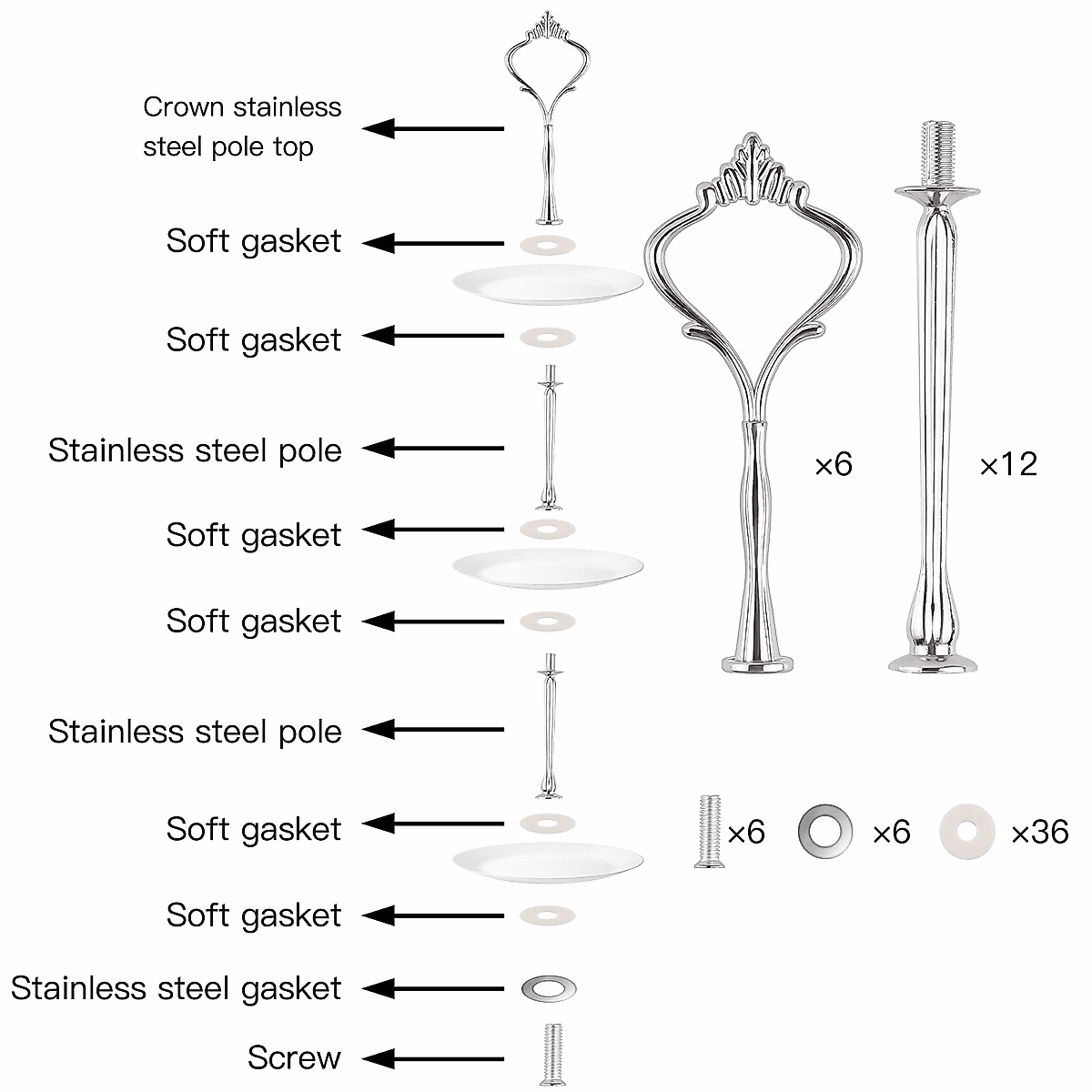 6 Set Large Tiered Tray Hardware for Cake Stand Mold Crown Upgrade 3 Tier Cake Stand Fittings Hardware Holder for Party and Wedding Making Resin Cupcake Dessert Platter Serving Stand (Silver)