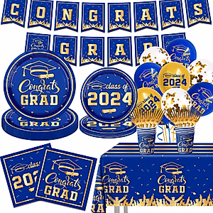Graduation Decorations Class of 2024 Tableware Kit Blue and Gold Congrats Grad Plates and Napkins Disposable Graduation Party Supplies for Graduation Party Decorations (Blue)