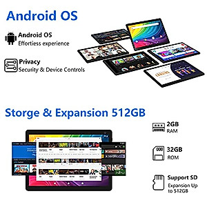 Android Tablet, 10 inch Tablets, 2GB+32GB Computer Tablet Support 512GB Expand, 2MP + 8MP Camera, IPS Screen, WiFi, Bluetooth, 6000mAh, Google GMS Certified Tableta Black