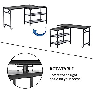 soges Reversible L Shaped Desk, 360° Free Rotating Corner Computer Desk, 47 inch L Desk with Storage Shelves for Home Office, Modern Study Writing Table Workstation, Black