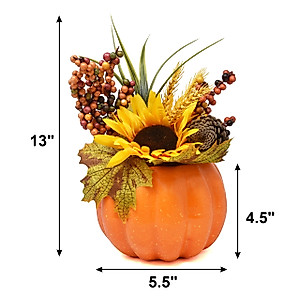 Gift Boutique Fall Pumpkin Centerpiece Artificial Floral Arrangement with Faux Maple Leaves Sunflower Pine Cone Berries Wheat for Porch Large Halloween Thanksgiving Tabletop Decorations 11 Inch